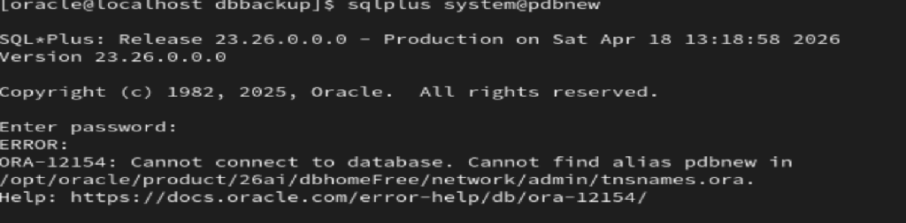 ORA-12154: Cannot connect to database. Cannot find alias pdbnew ...